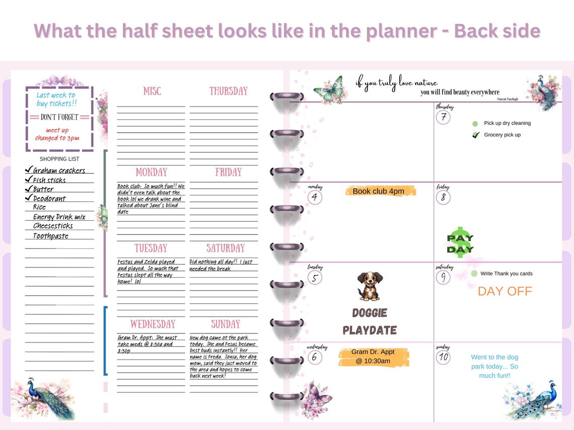Peacocks Weekly Planner Insert; 2 Page Dashboard Layout for HP Classic ...