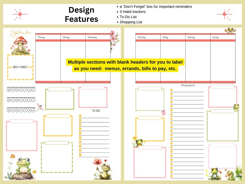 Frogs Weekly Planner Insert; 2 Page Vertical Layout; Sizes A5, Happy ...