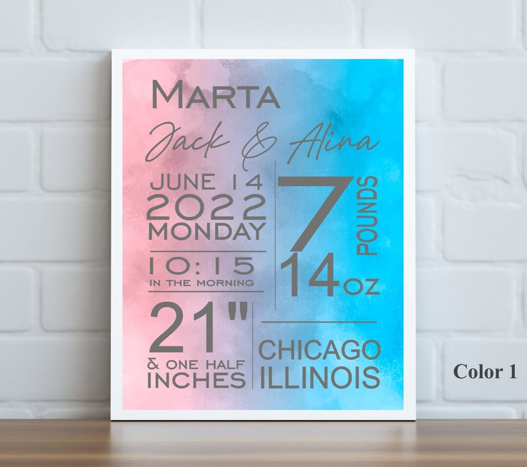 Baby Birthday Poster Birth Announcement Sign Personalized Birth Stats ...