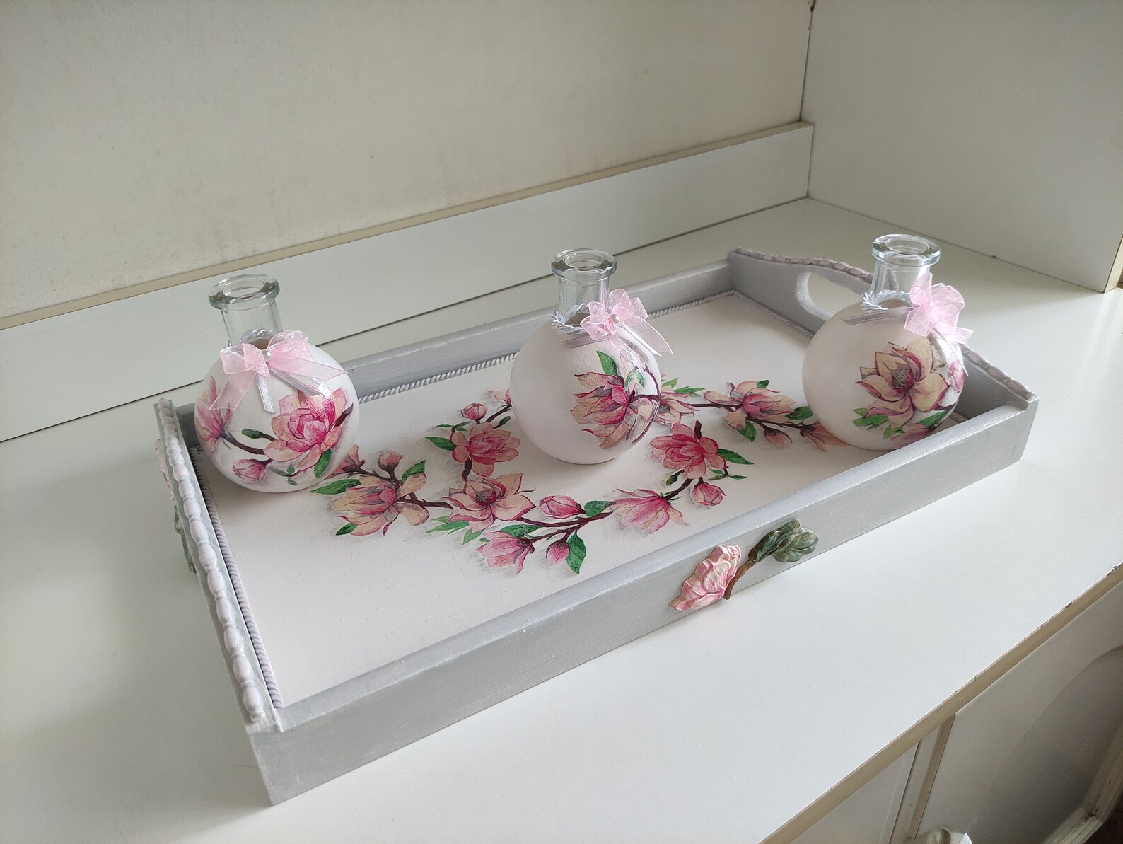 Set of Handmade Wooden Tray & Bottle Vases, Unique Gift, Mother's Day ...