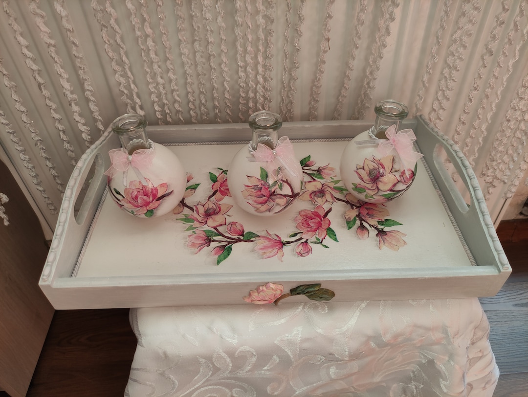 Set of Handmade Wooden Tray & Bottle Vases, Unique Gift, Mother's Day ...