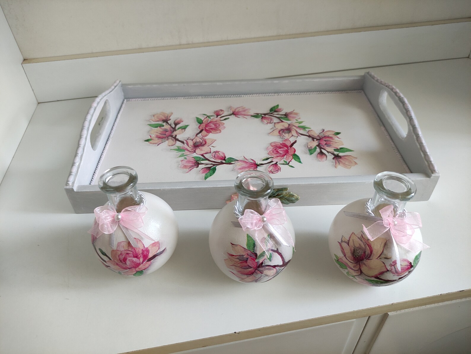 Set of Handmade Wooden Tray & Bottle Vases, Unique Gift, Mother's Day ...