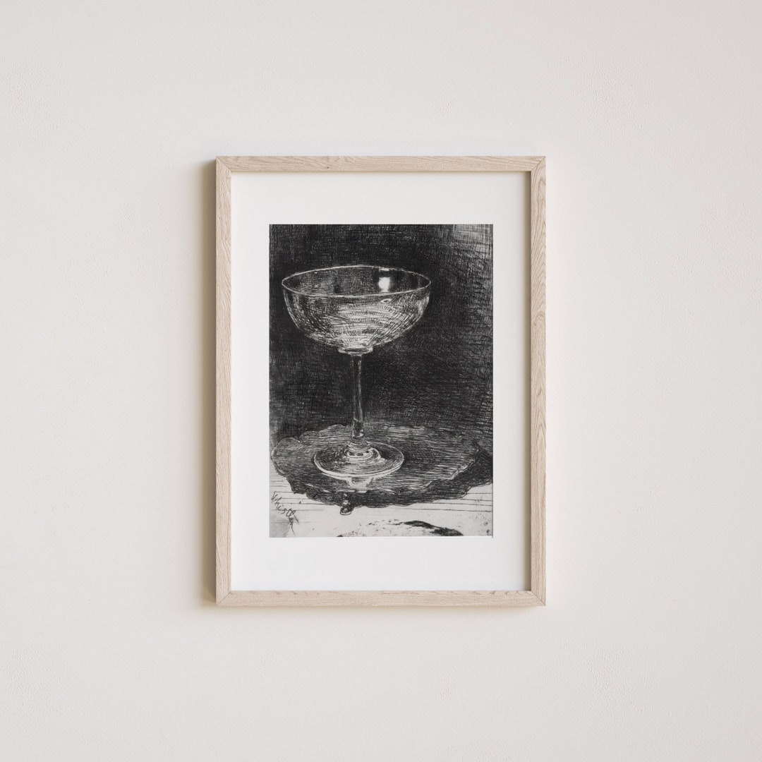 Vintage Wine Glass Etching Digital Art Print, Eclectic Bar Cart ...