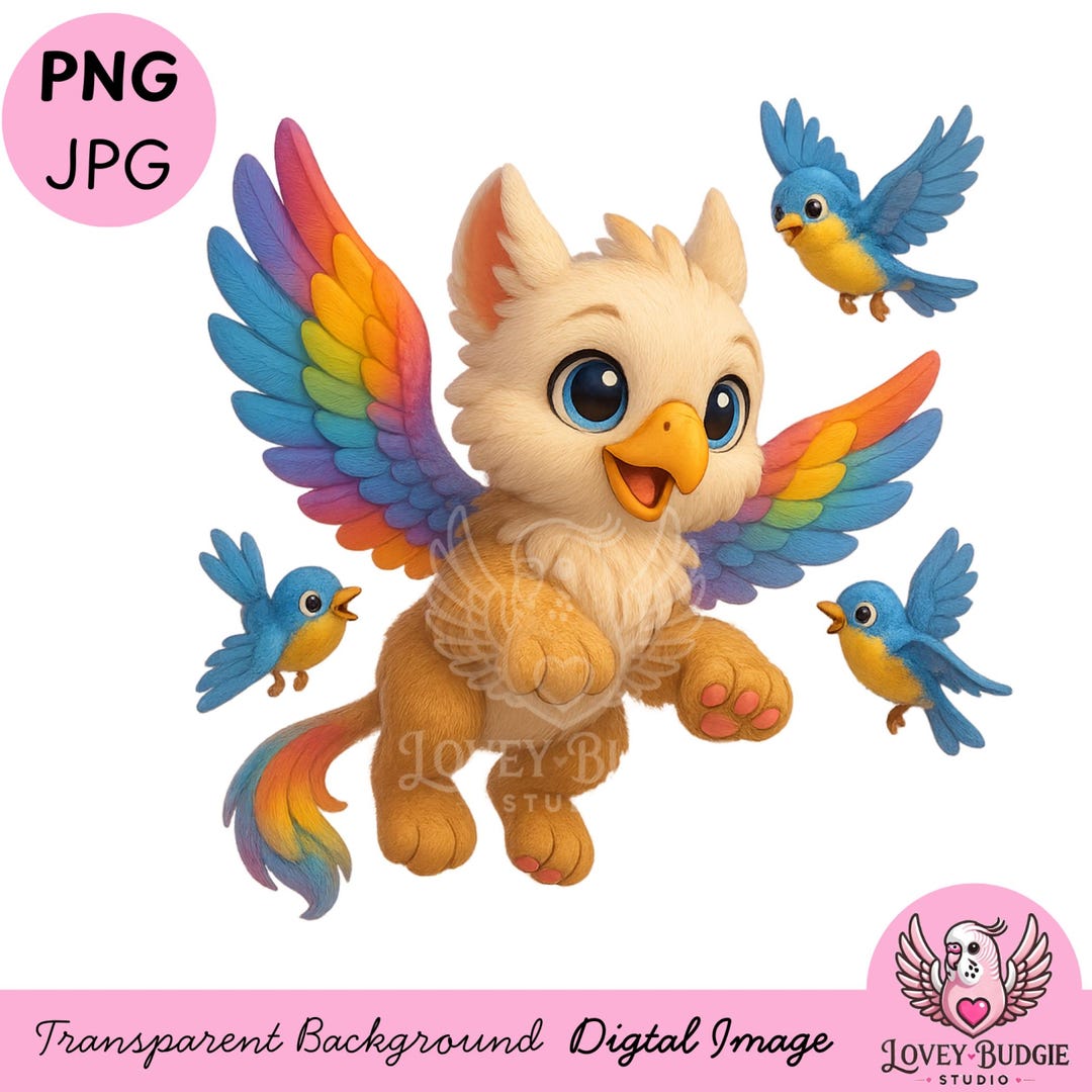 Cute Little Gryphon Flight With Birds Transparent PNG, JPG | Colorful ...