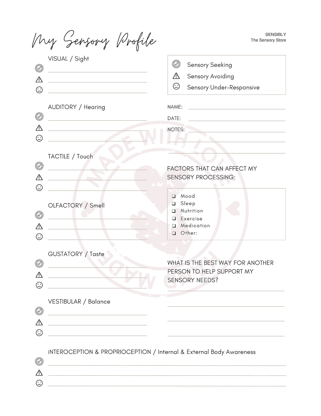 My Sensory Profile Taylor Sensory Processing Questionnaire for Parents ...