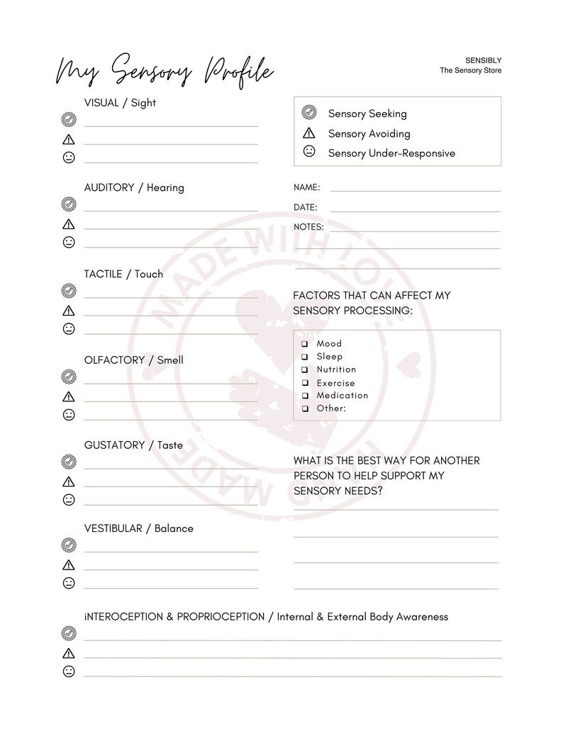 My Sensory Profile Taylor Sensory Processing Questionnaire for Parents ...