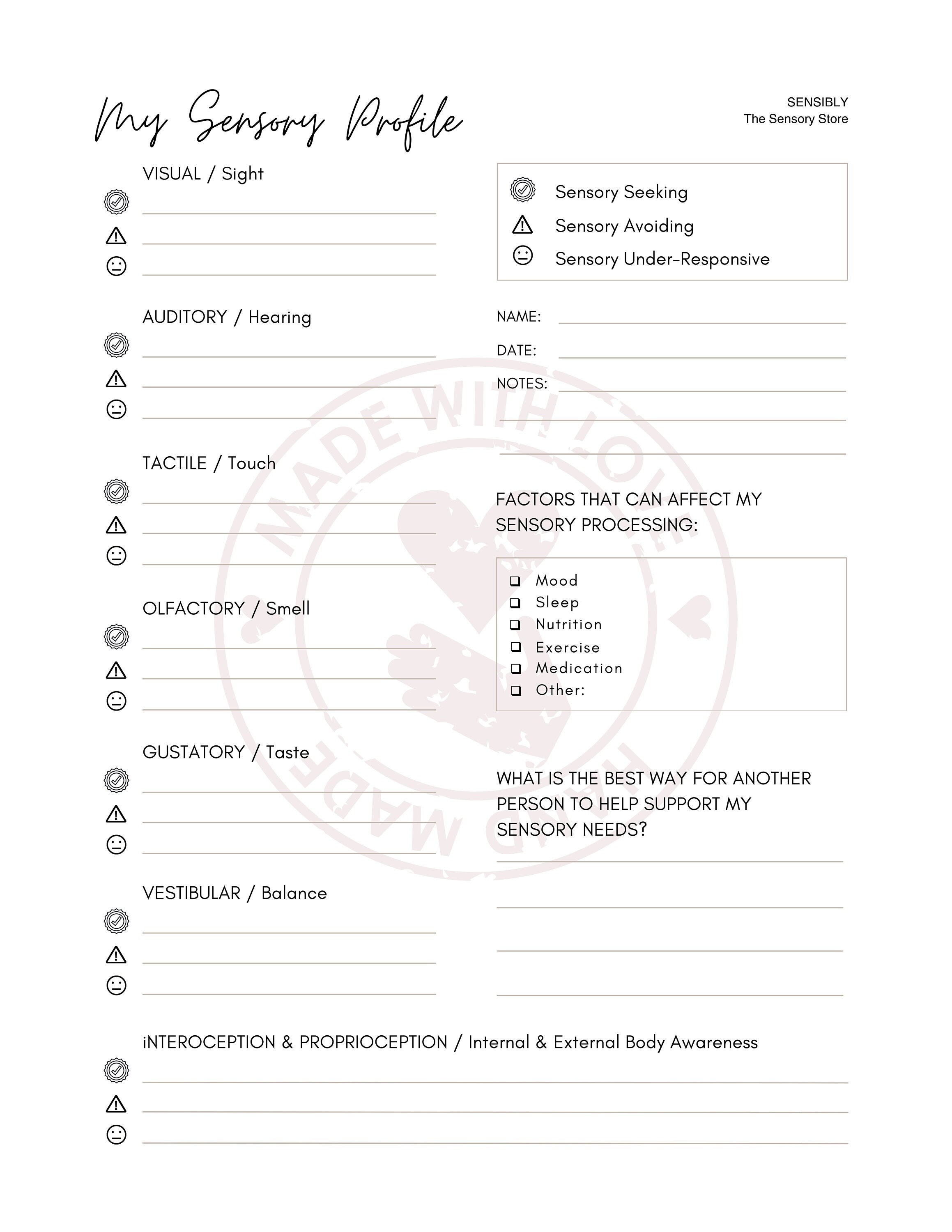 My Sensory Profile Taylor Sensory Processing Questionnaire for Parents ...