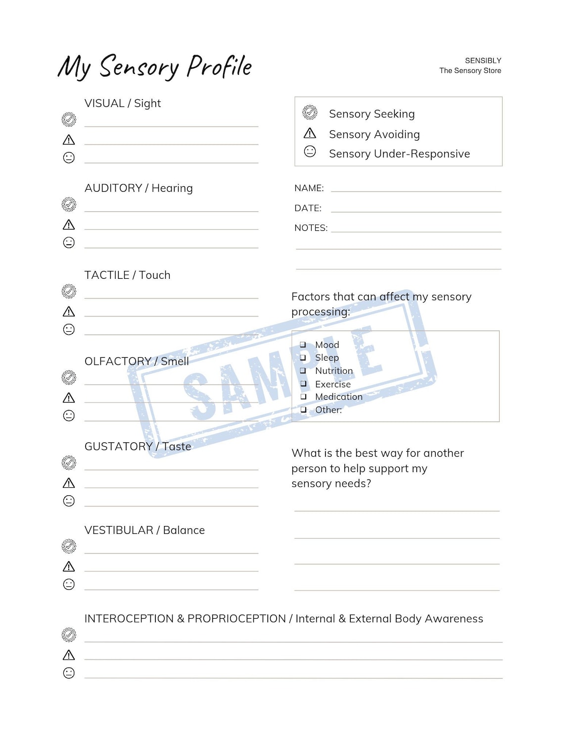 My Sensory Profile Casual Sensory Processing Questionnaire for Parents ...