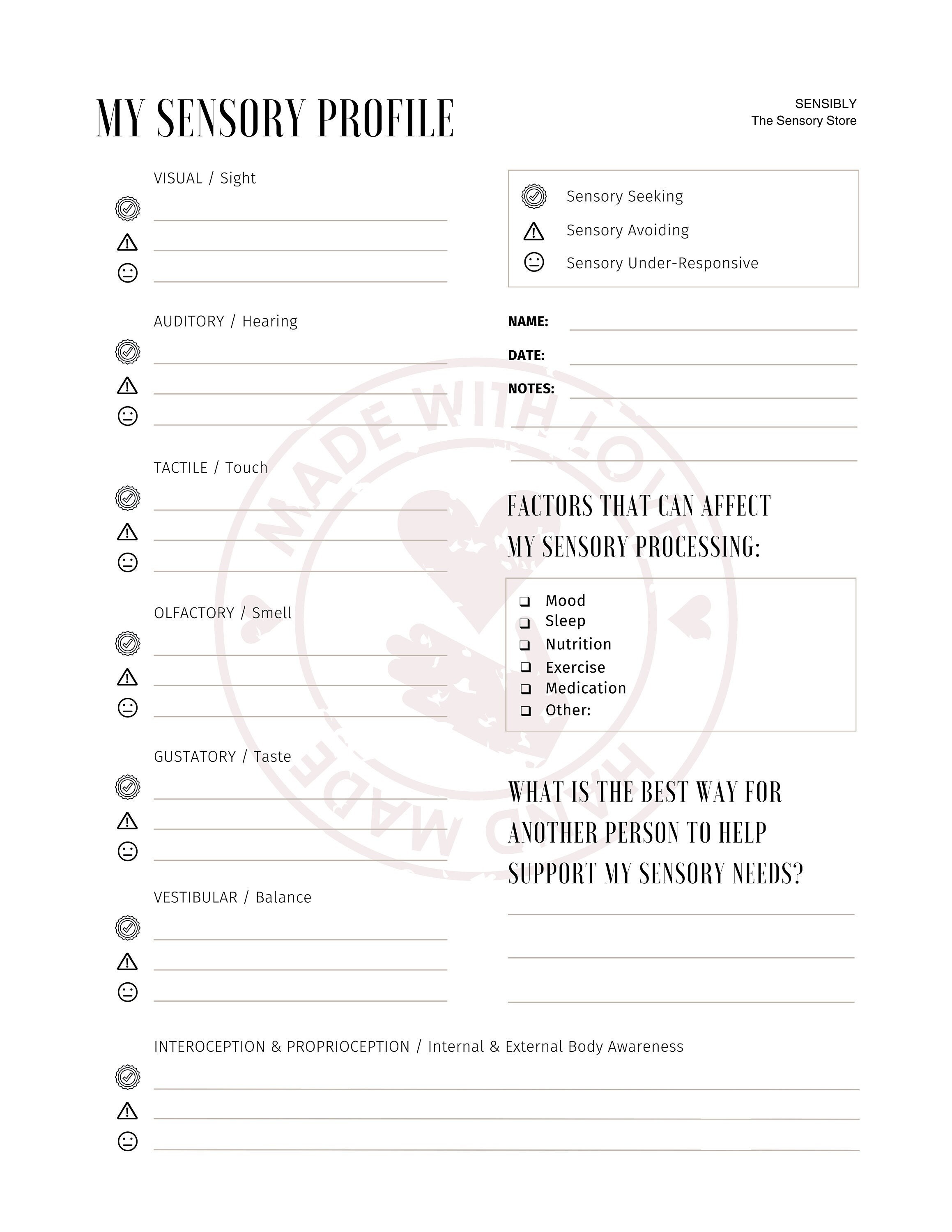 My Sensory Profile 90s Sensory Processing Questionnaire for Parents ...