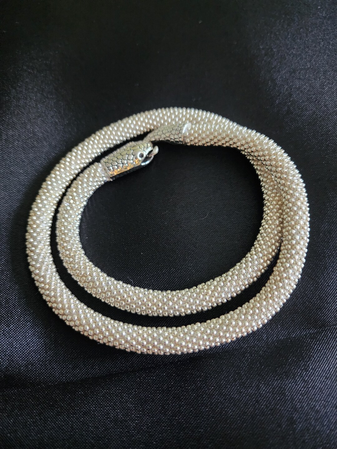 Beaded Snake Necklace With Snake Head and Tail Clasps Silver Colored ...