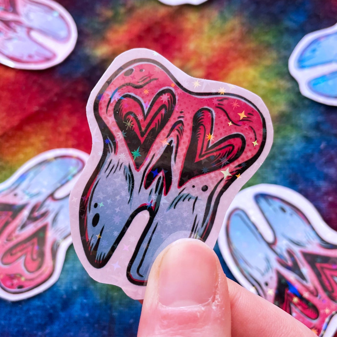 Holographic Heart Tooth Sticker, Spooky Cute Gift, Goth Decal, Handmade ...