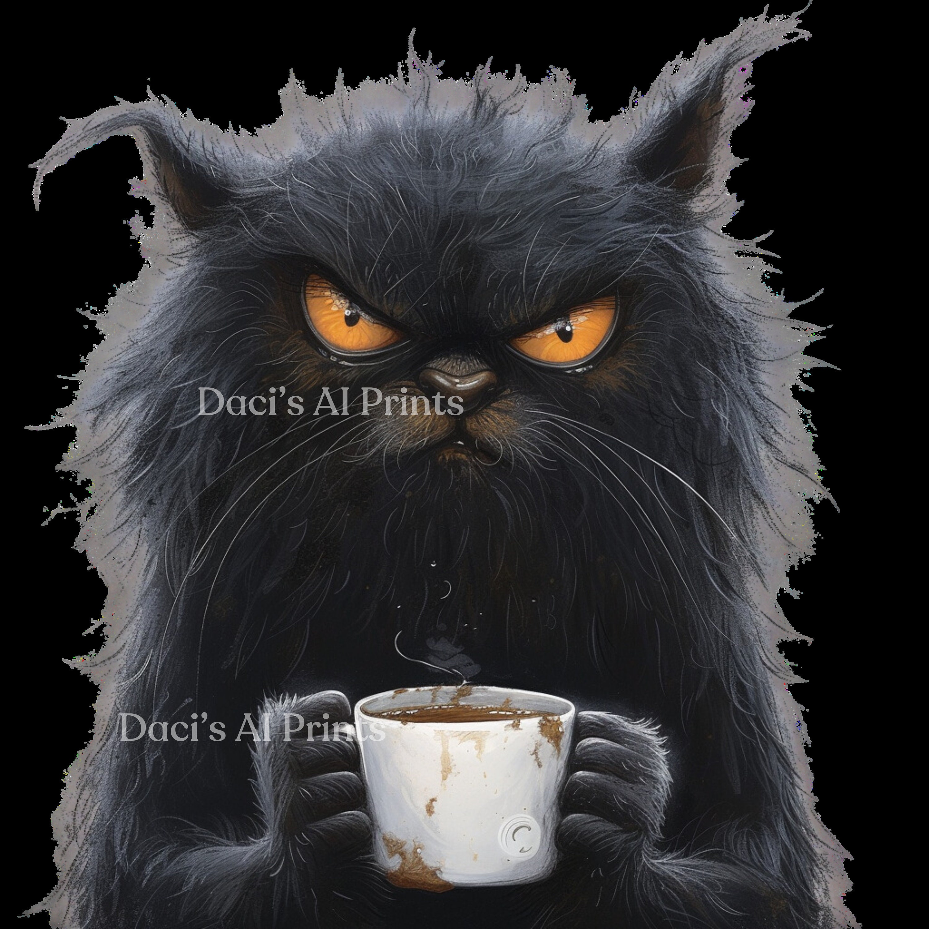 Grumpy Black Cat Clipart, Black Cat Drinking Coffee, No Background, 12 ...