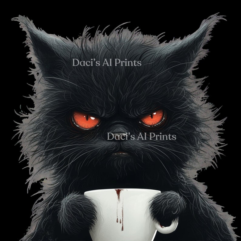 Grumpy Black Cat Clipart, Black Cat Drinking Coffee, No Background, 12 ...