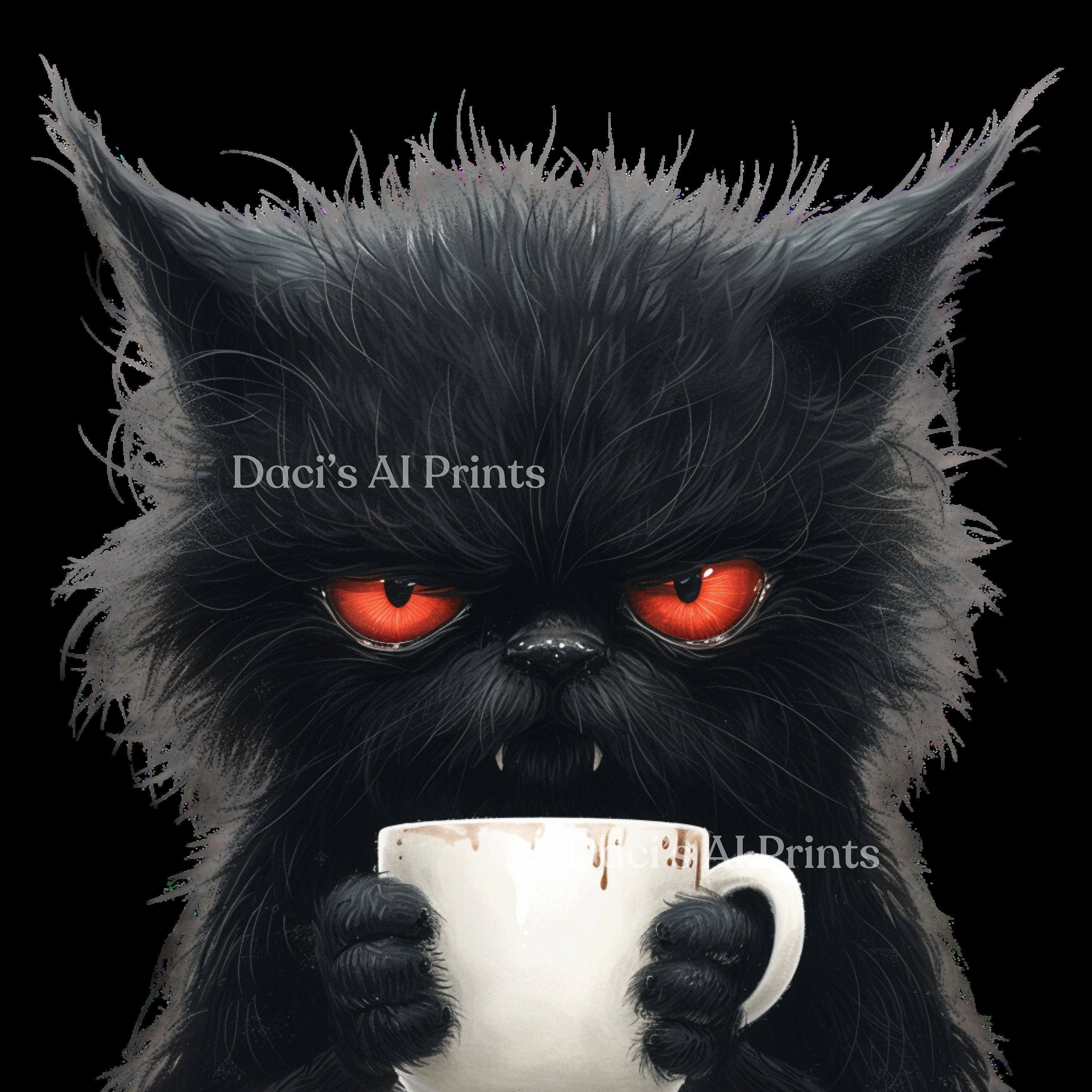 Grumpy Black Cat Clipart, Black Cat Drinking Coffee, No Background, 12 ...