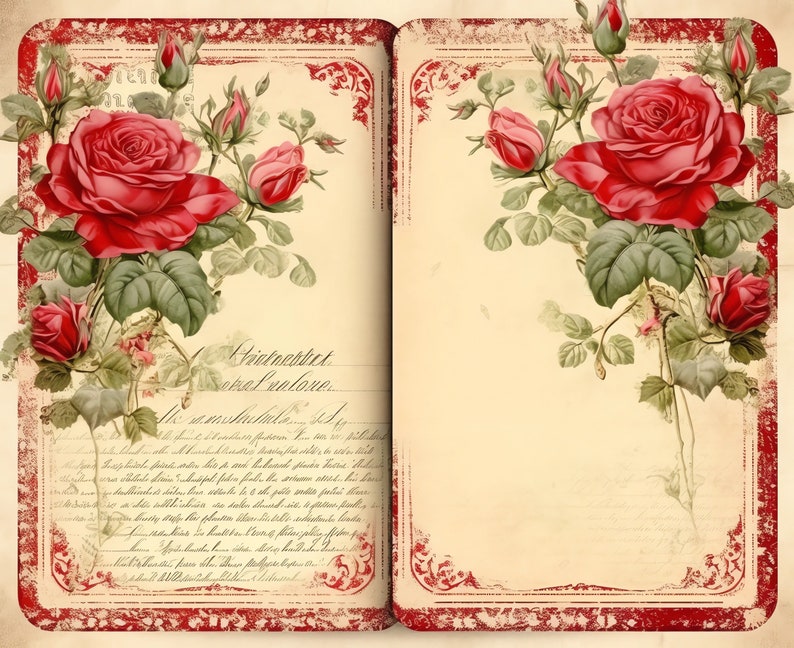 Red Roses Junk Journal Pages, 15 Vintage Botanical Pages, Vintage Red ...