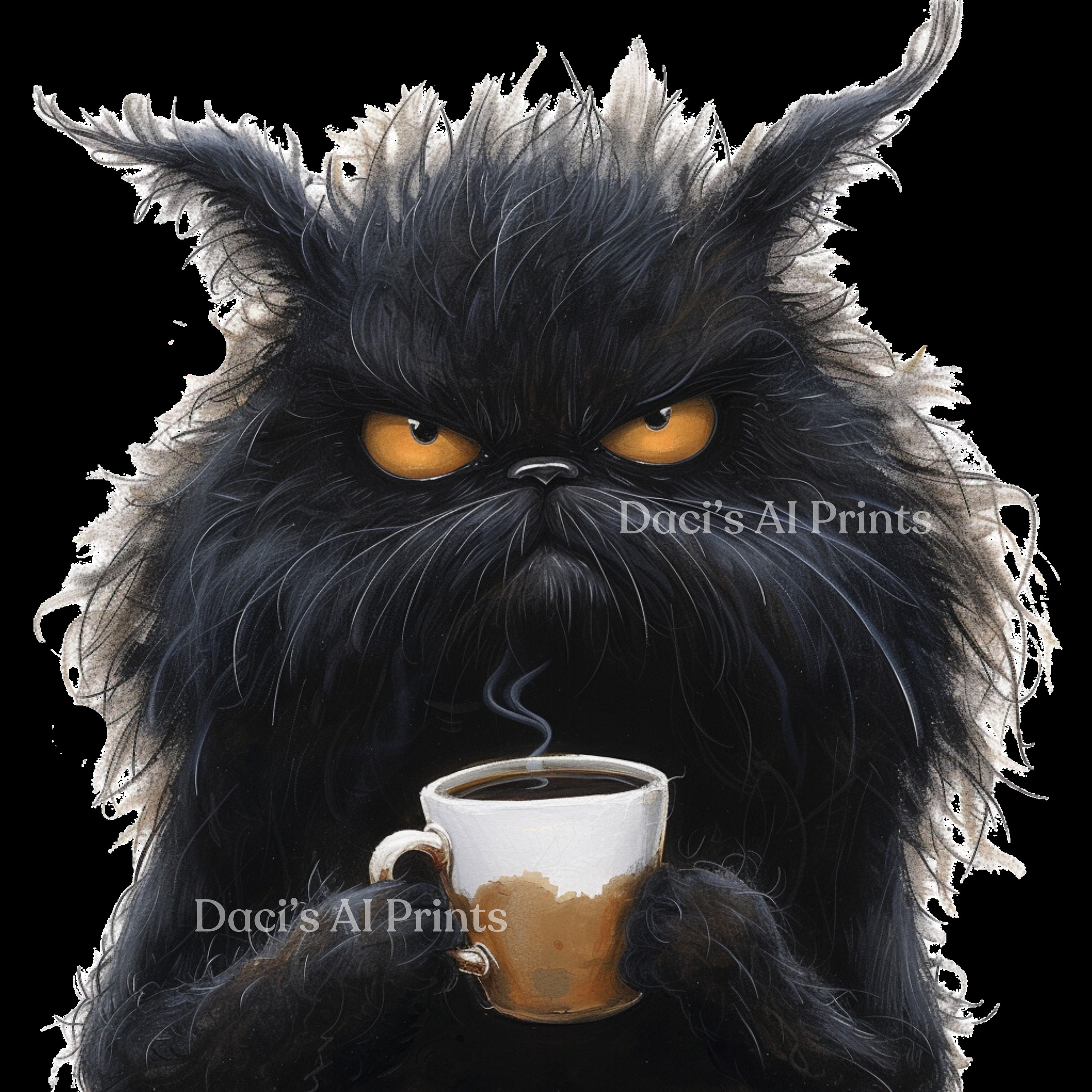 Grumpy Black Cat Clipart, Black Cat Drinking Coffee, No Background, 12 ...
