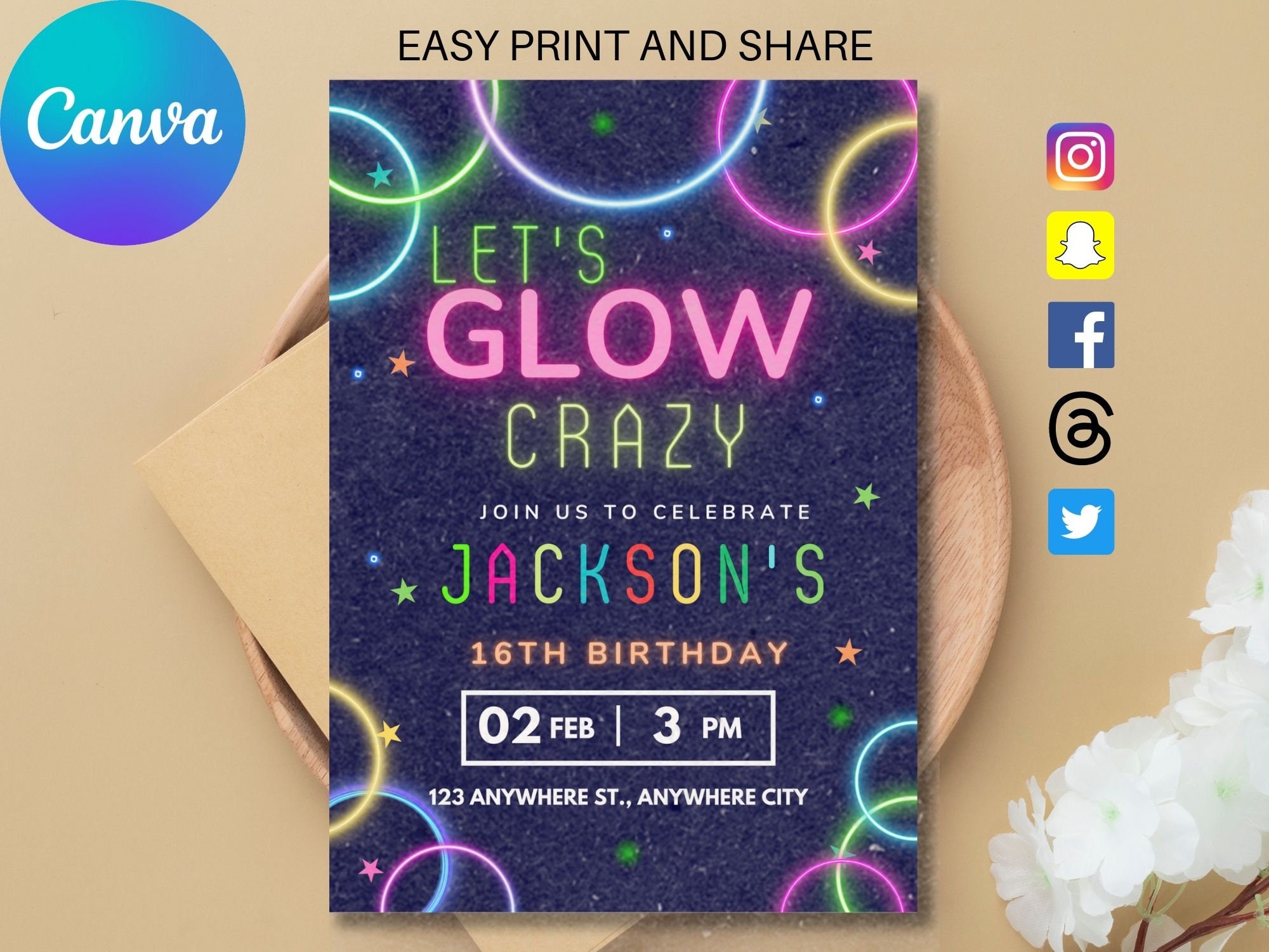 Glow Birthday Invitation, Glow Invitation, Glow Party Template, Glow ...