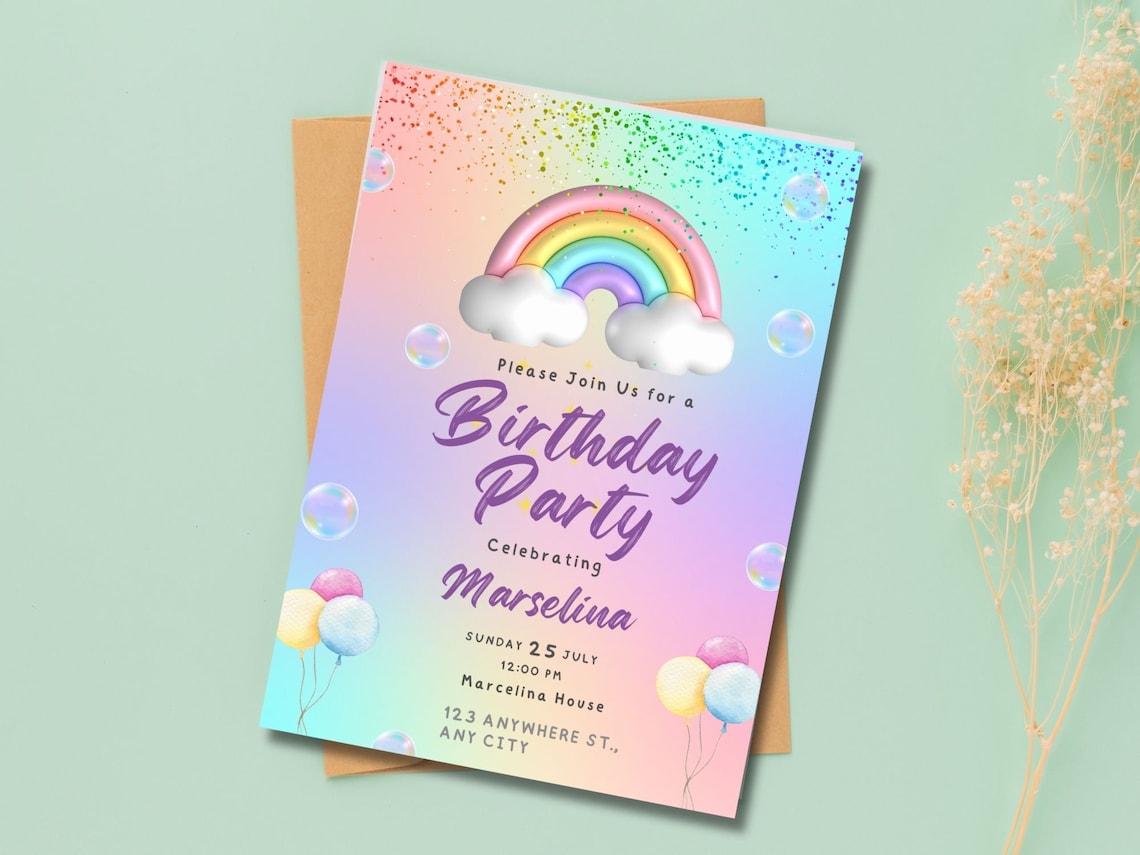 Editable Rainbow Birthday Invitation, Rainbow Invitation, Rainbow ...