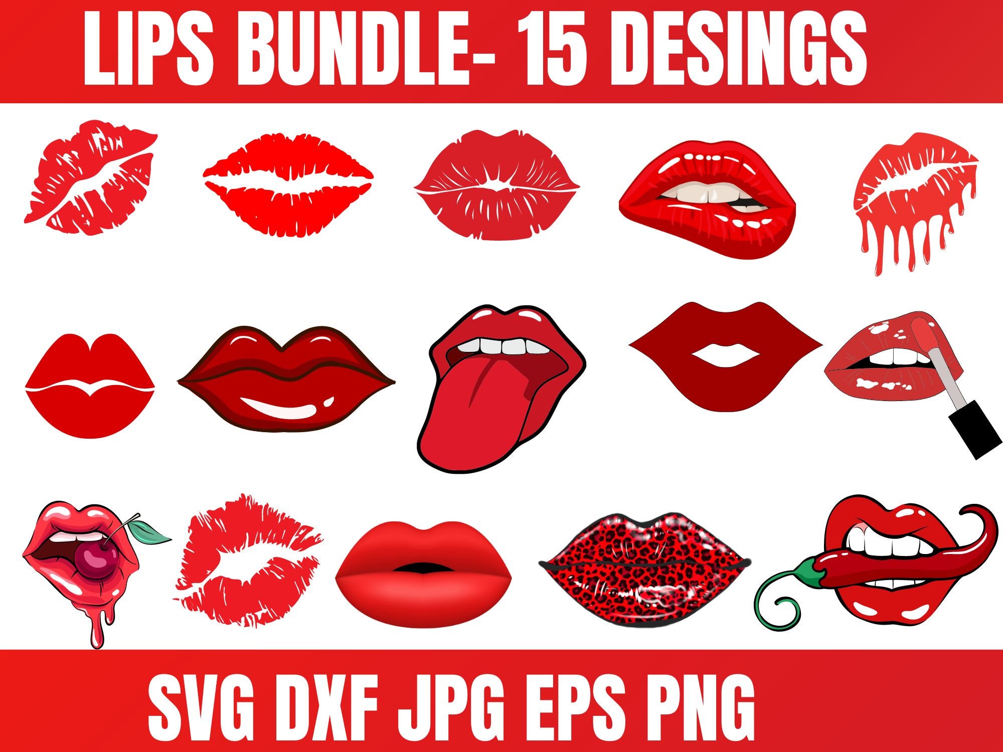 Red Lips Svg Bundle/ Lips Clipart/ Lips Png File/ Lipstick Svg/kisses ...