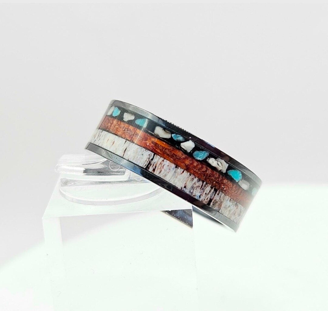 Elk Antler, Wood, NM Turquoise, and Elk Tooth Inlay in a Black Ceramic ...