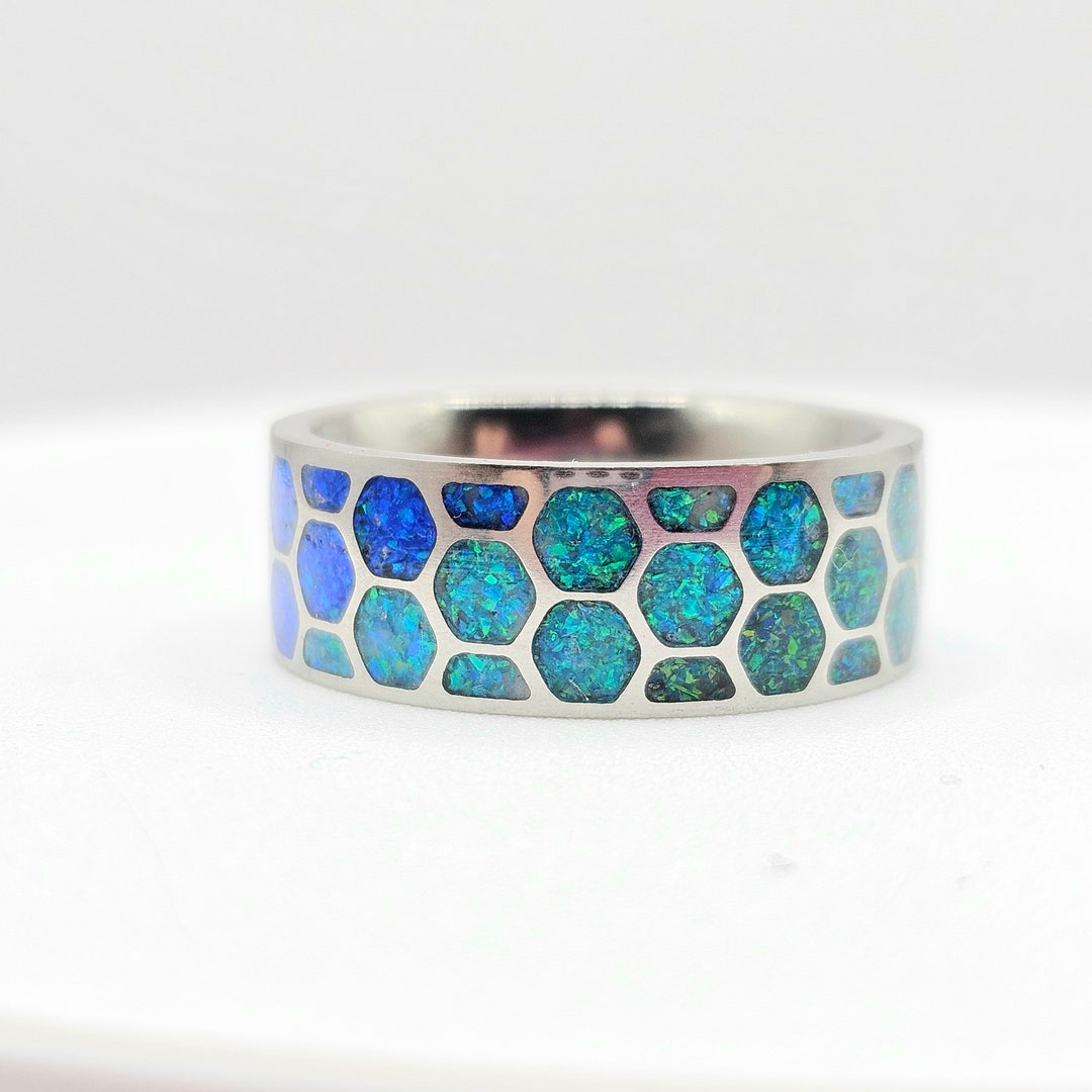 Titanium Honeycomb Design Ring With Multicolor Opal Inlay - Etsy