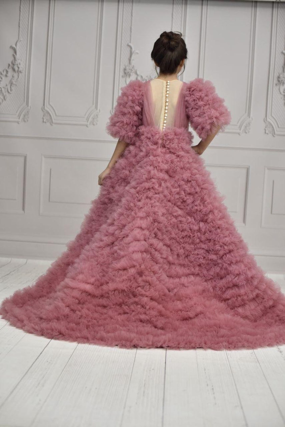 Blush Pink Flower Girl Dress, Ruffle Tulle Train Tail Dress, Powder ...