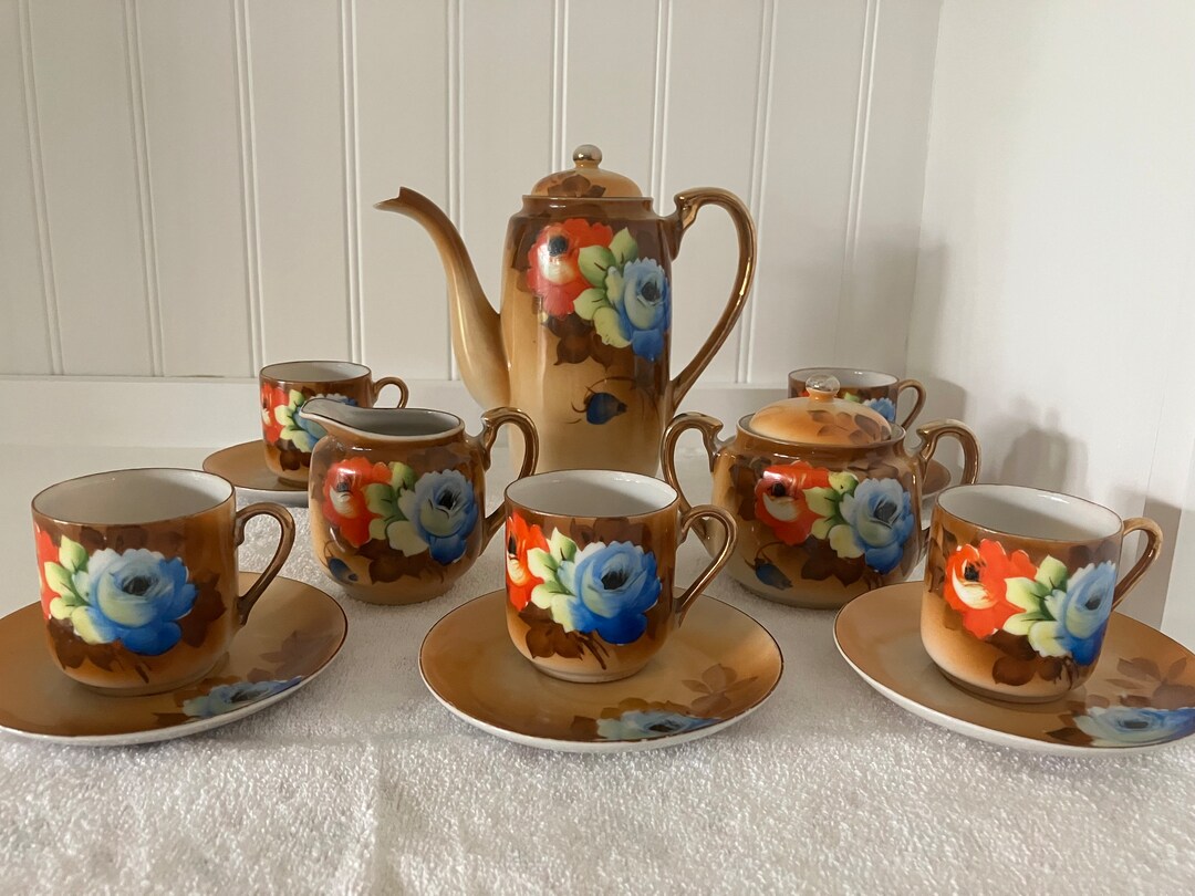 Tea Set, Foreign, 11 Pieces, Tea Pot, Cups, Saucers, Creamer and Sugar ...