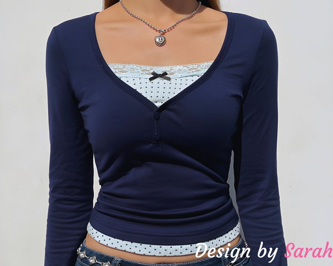 Y2K Women's Clothing, Fairy Grunge Retro V Neck, Crop Top Long Sleeve ...
