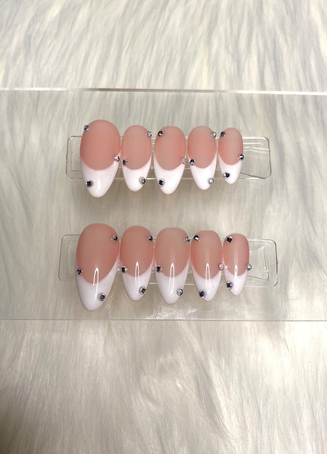 White French Tips | Rhinestones | Almond Nails - Etsy
