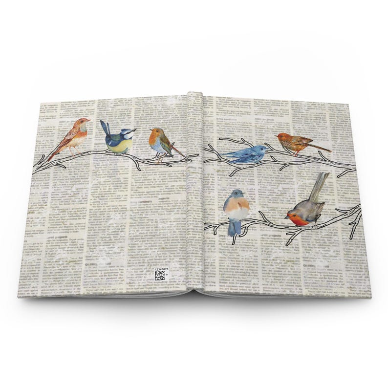 Cute Watercolor Birds on Vintage Newsprint Journal, Unique Hardcover ...