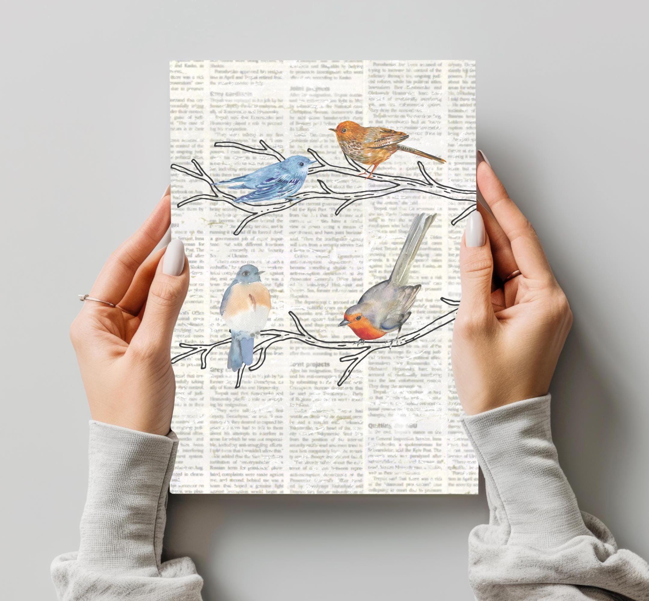 Cute Watercolor Birds on Vintage Newsprint Journal, Unique Hardcover ...