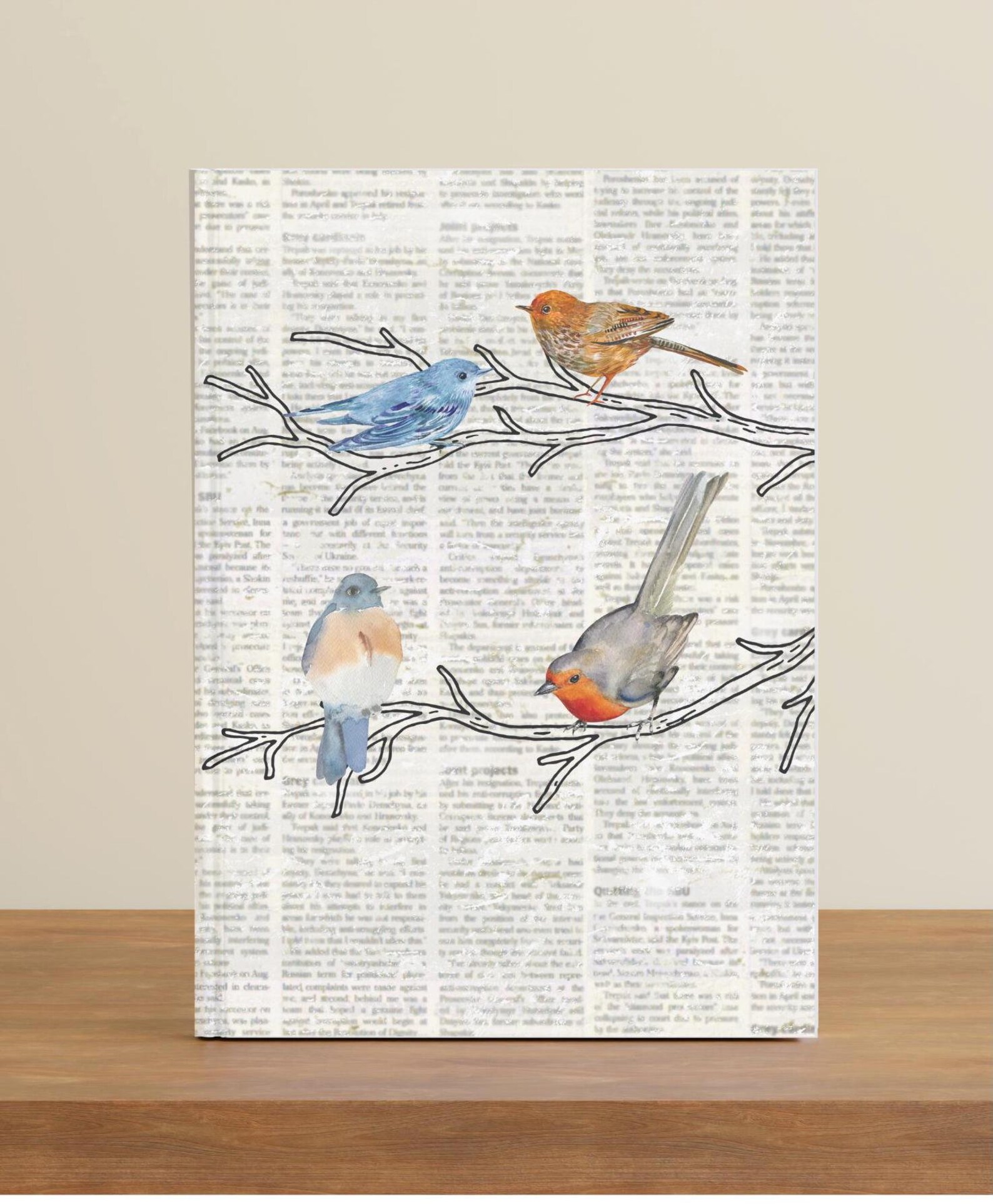Cute Watercolor Birds on Vintage Newsprint Journal, Unique Hardcover ...