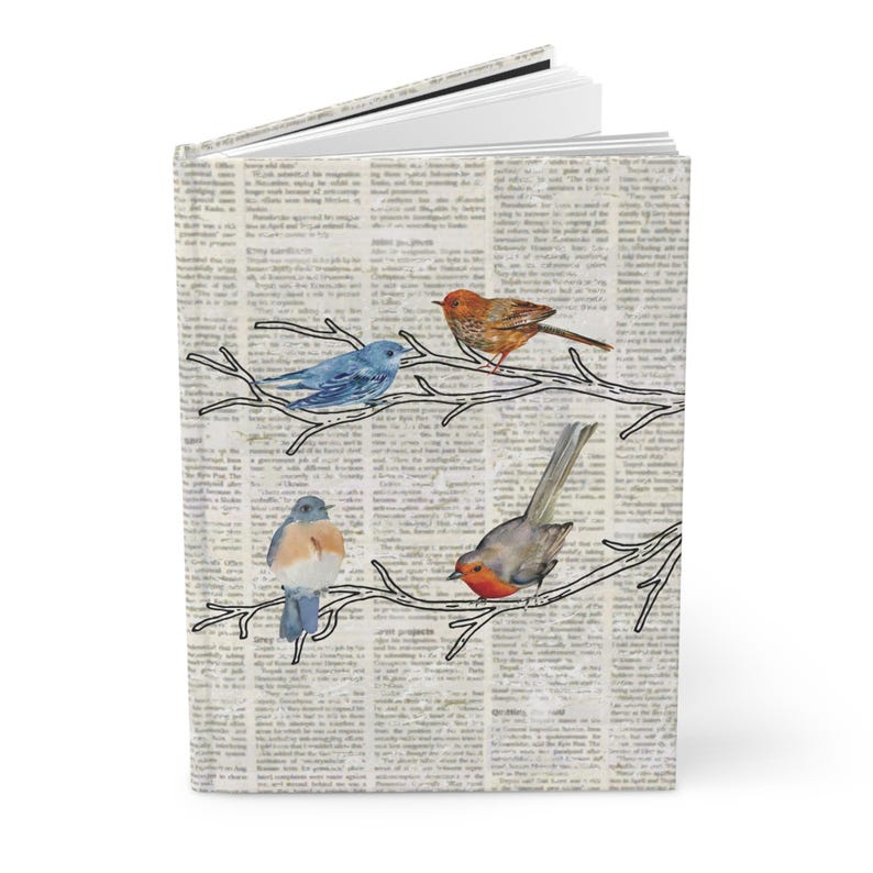 Cute Watercolor Birds on Vintage Newsprint Journal, Unique Hardcover ...