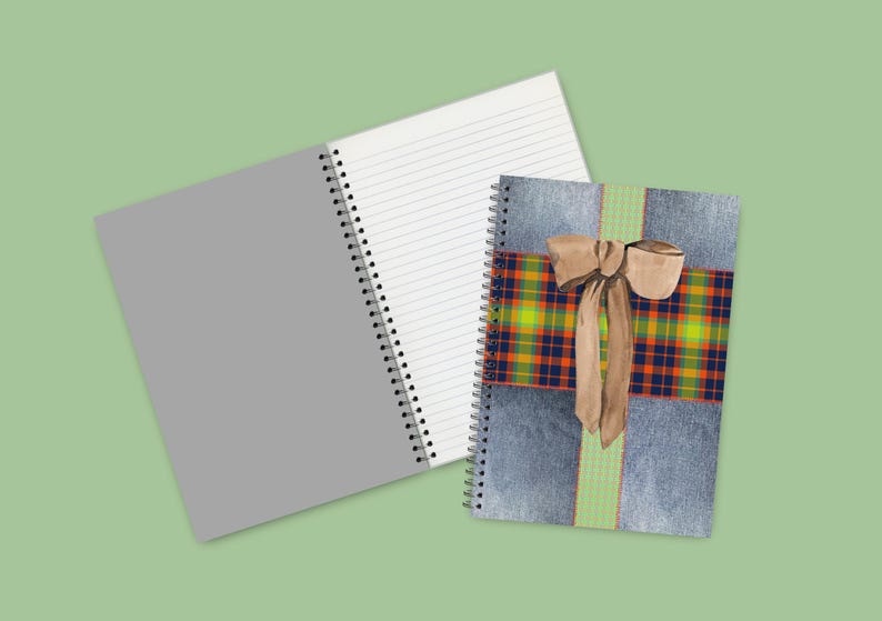 Big Cute Bow Watercolor Plaid Denim Spiral Notebook Crafter DIY Gift ...