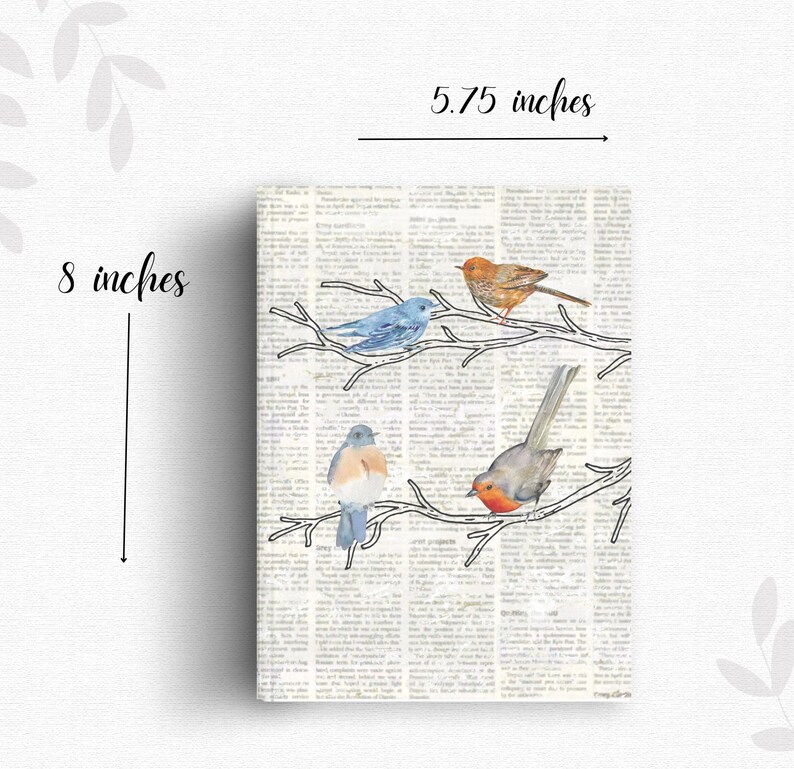 Cute Watercolor Birds on Vintage Newsprint Journal, Unique Hardcover ...