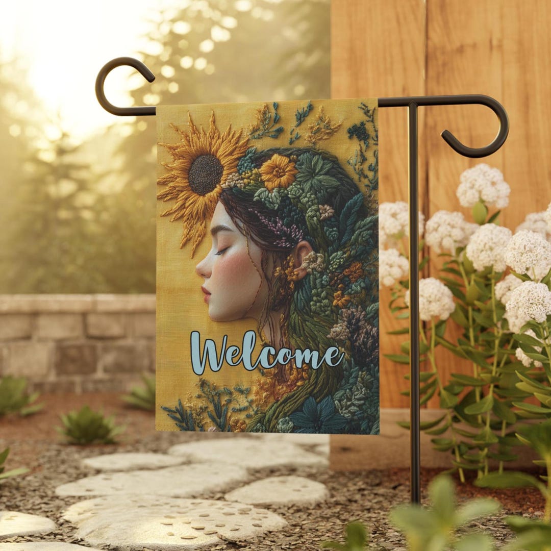 Welcome Sun Goddess Faux Embroidery Celestial Garden Spring Banner ...