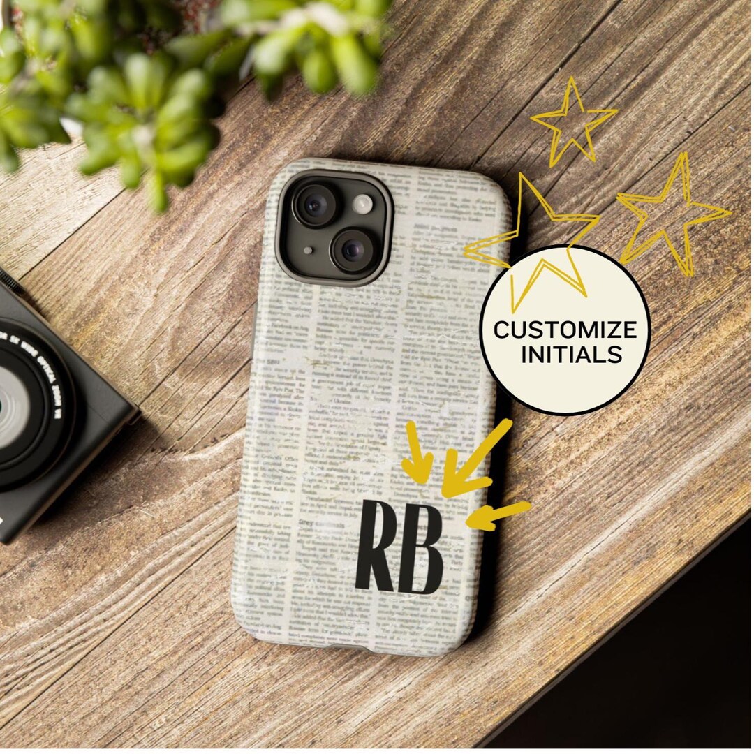 Custom Monogram Vintage Newsprint Cute iPhone Case, Customized Initials ...