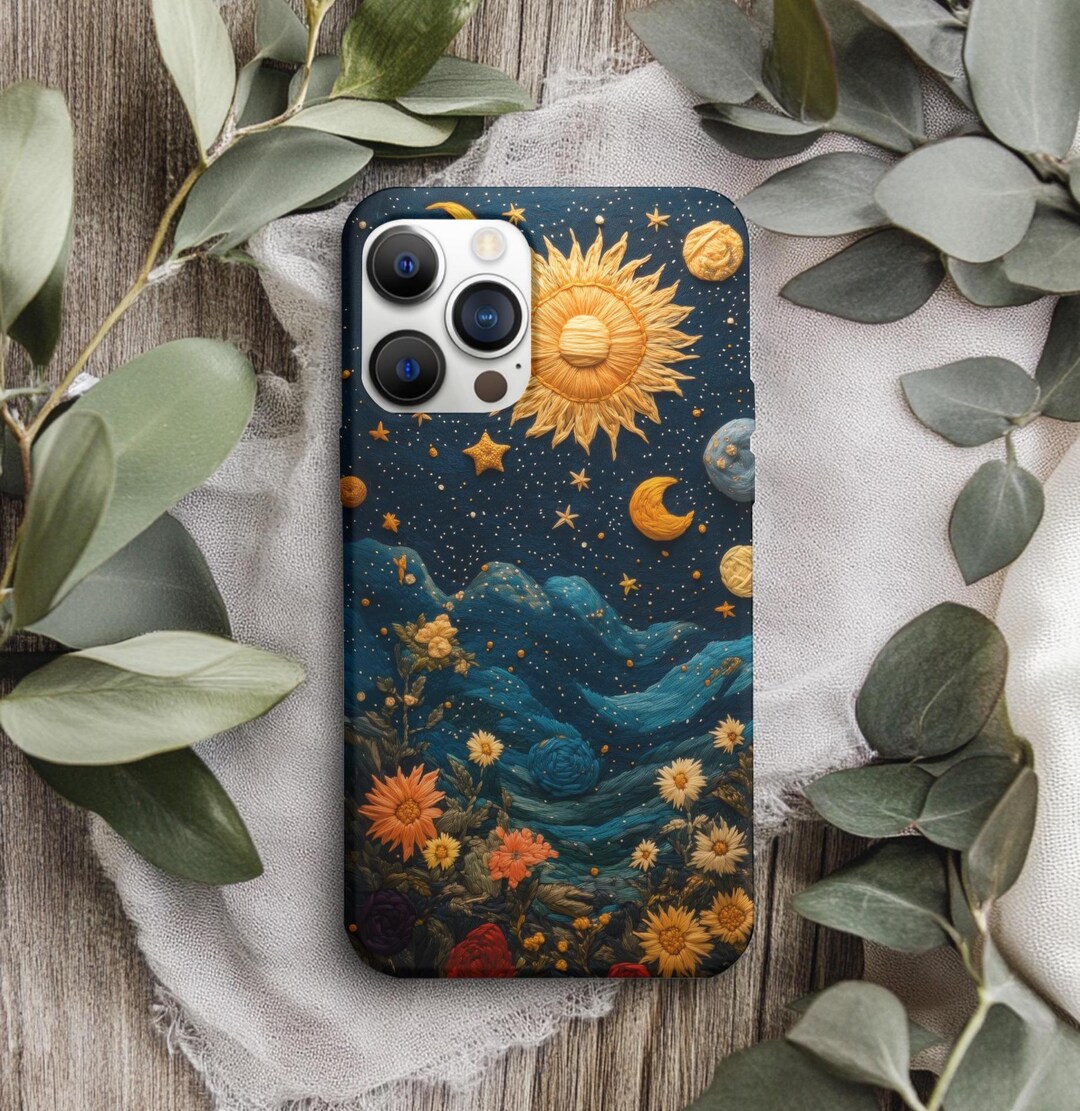 Embroidered Astral Mystical Valley iPhone Case, Sun Moon Stars Floral ...