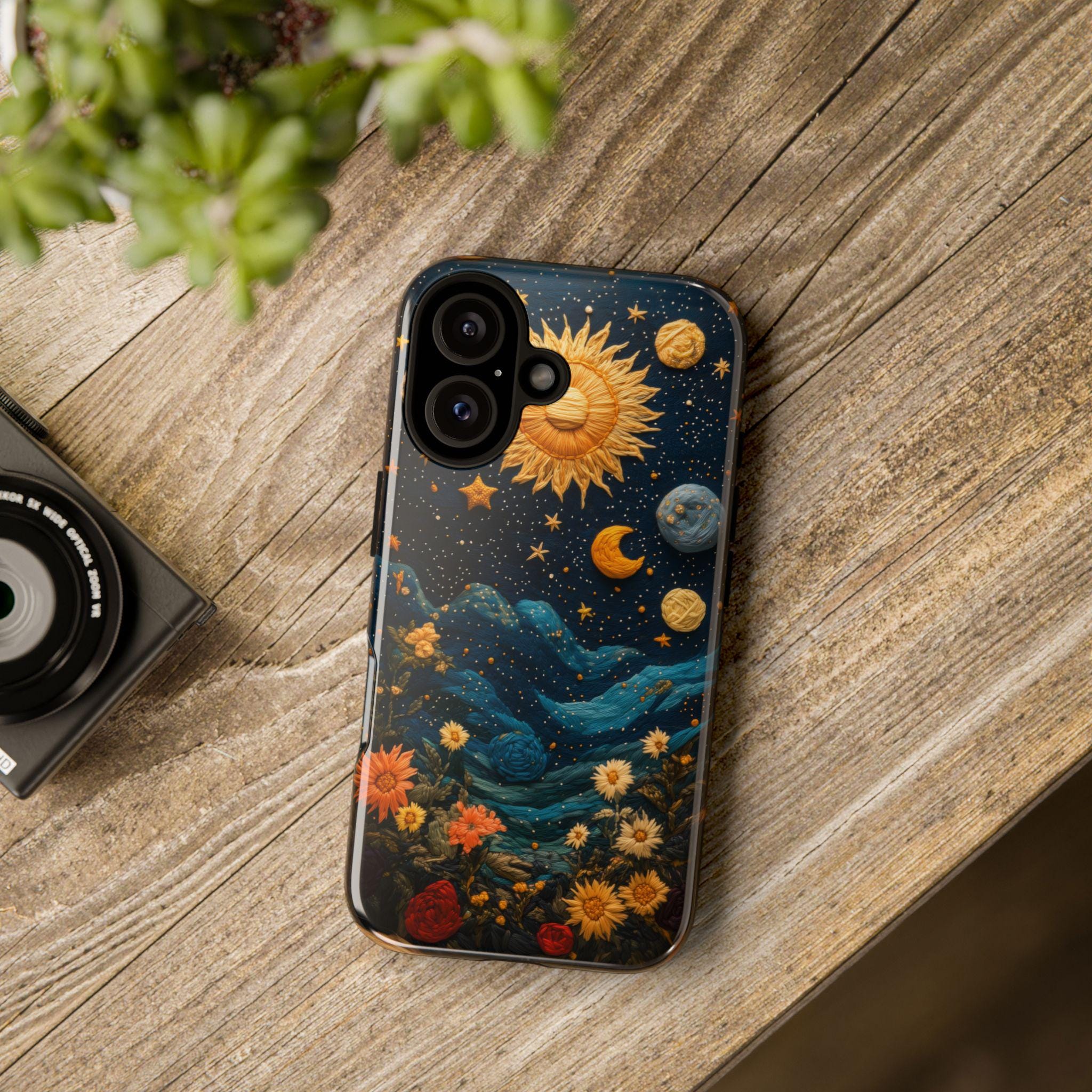 Embroidered Astral Mystical Valley iPhone Case, Sun Moon Stars Floral ...