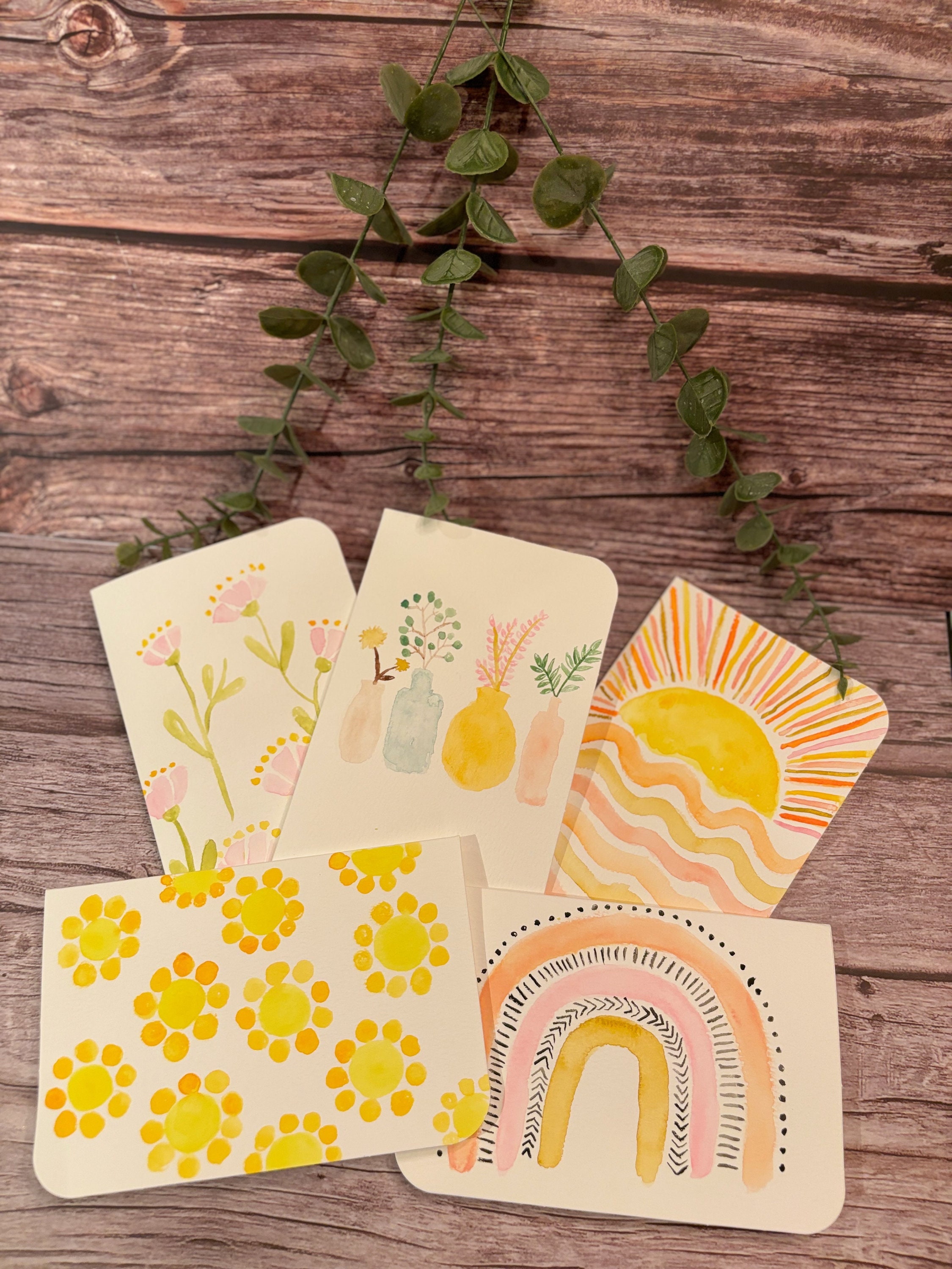 Hand Painted Sunshine Watercolor Cards, Boho Cards, Watercolor Cards ...