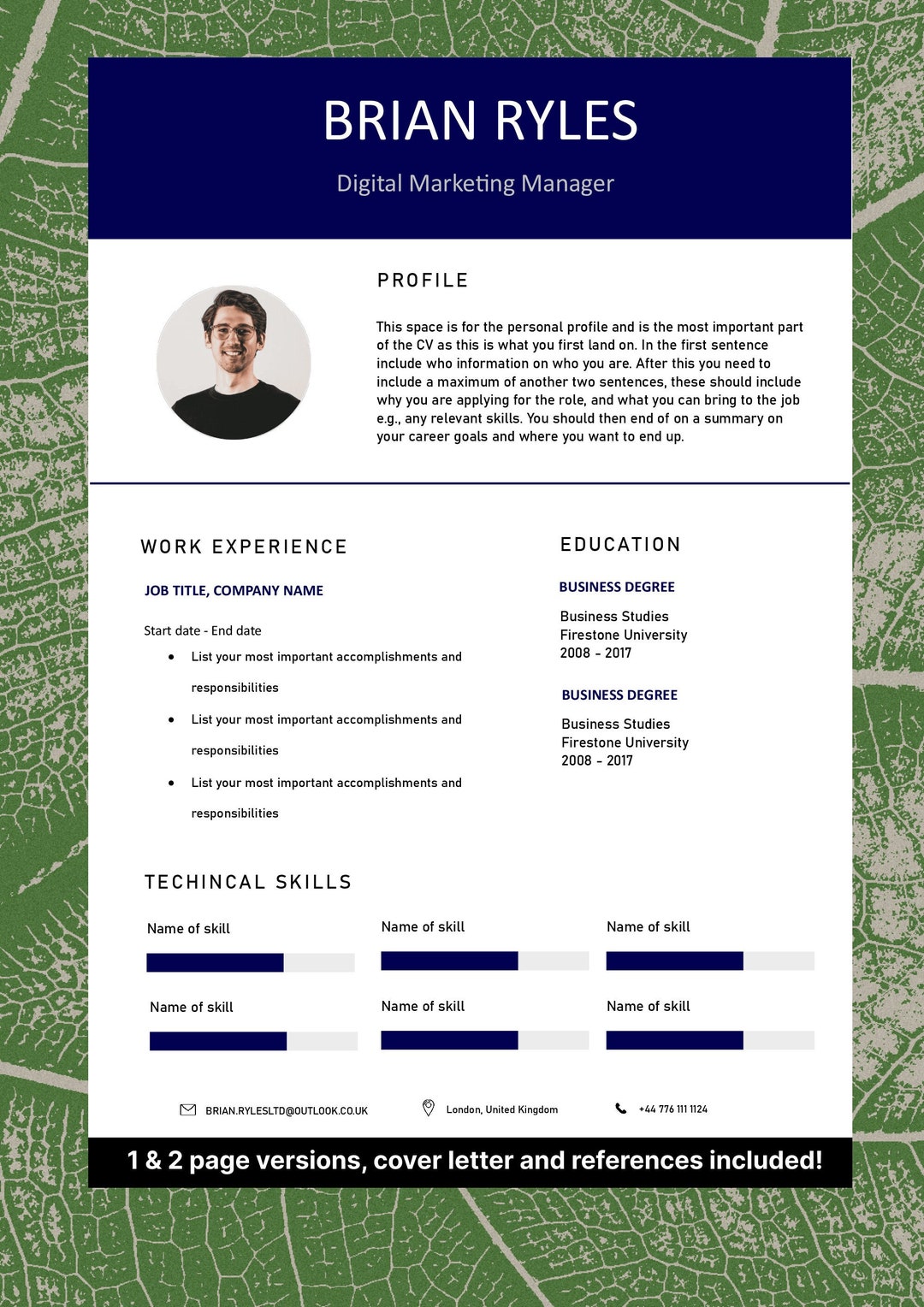 Professional CV Template for Microsoft Word With Cover Letter - Etsy