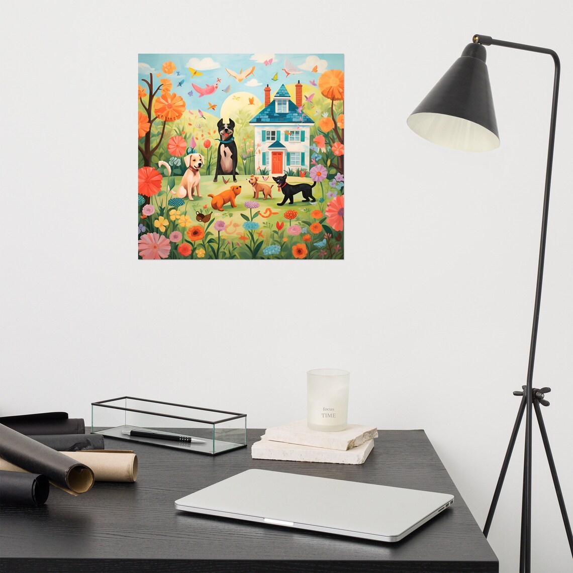 Paper Poster Playtime Art Vibrant Garden Scene, Playful Pets, Joyful ...
