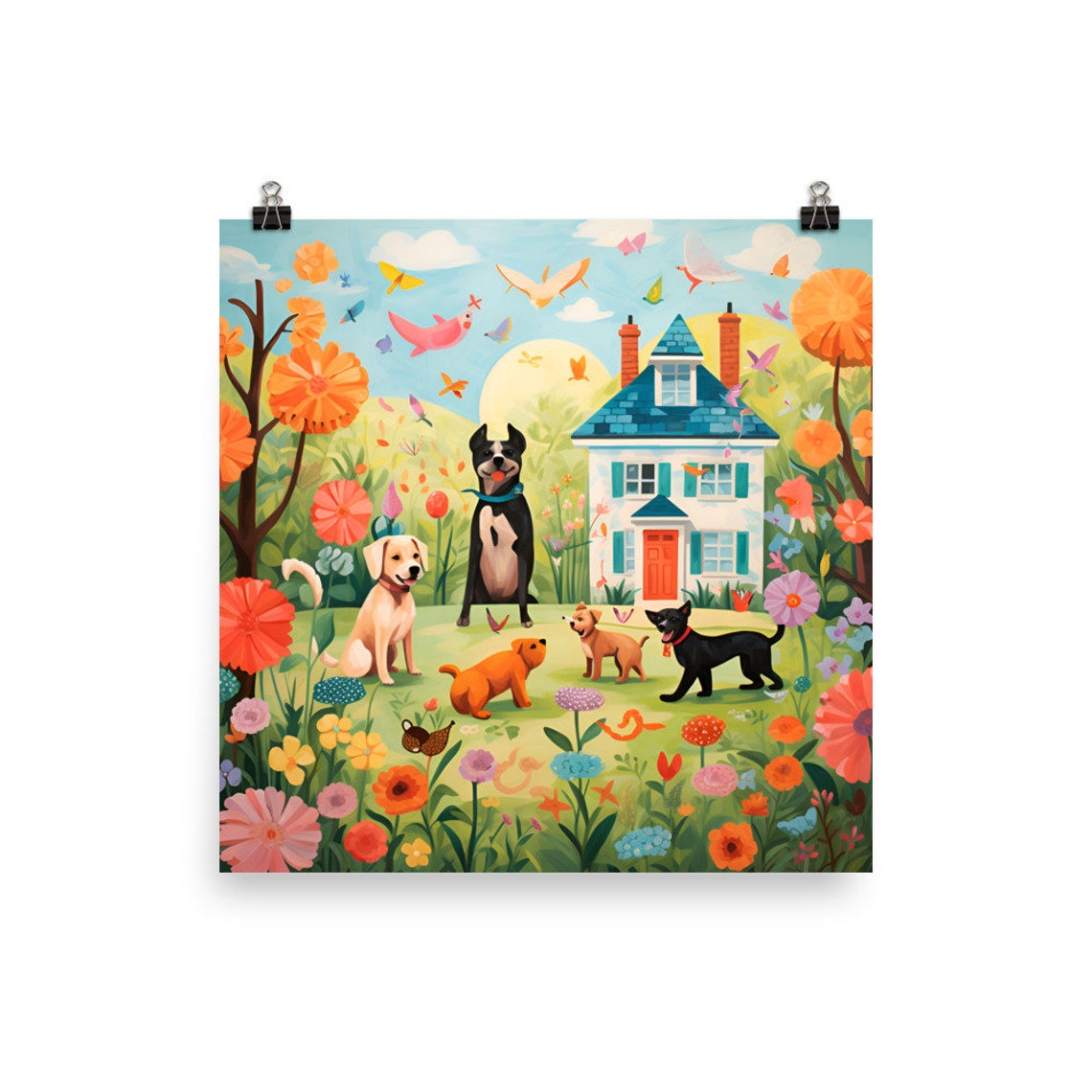 Paper Poster Playtime Art Vibrant Garden Scene, Playful Pets, Joyful ...