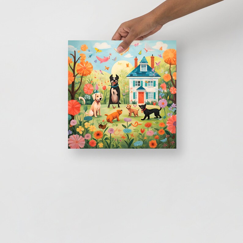 Paper Poster Playtime Art Vibrant Garden Scene, Playful Pets, Joyful ...