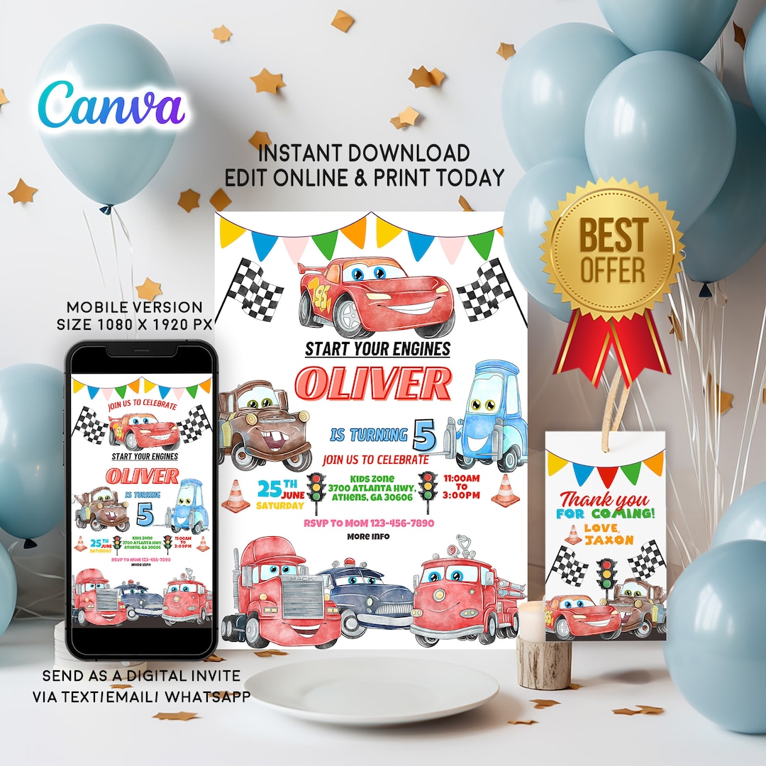 Cars Birthday Invitation, Cars Birthday Party ,boy Birthday Invitation ...