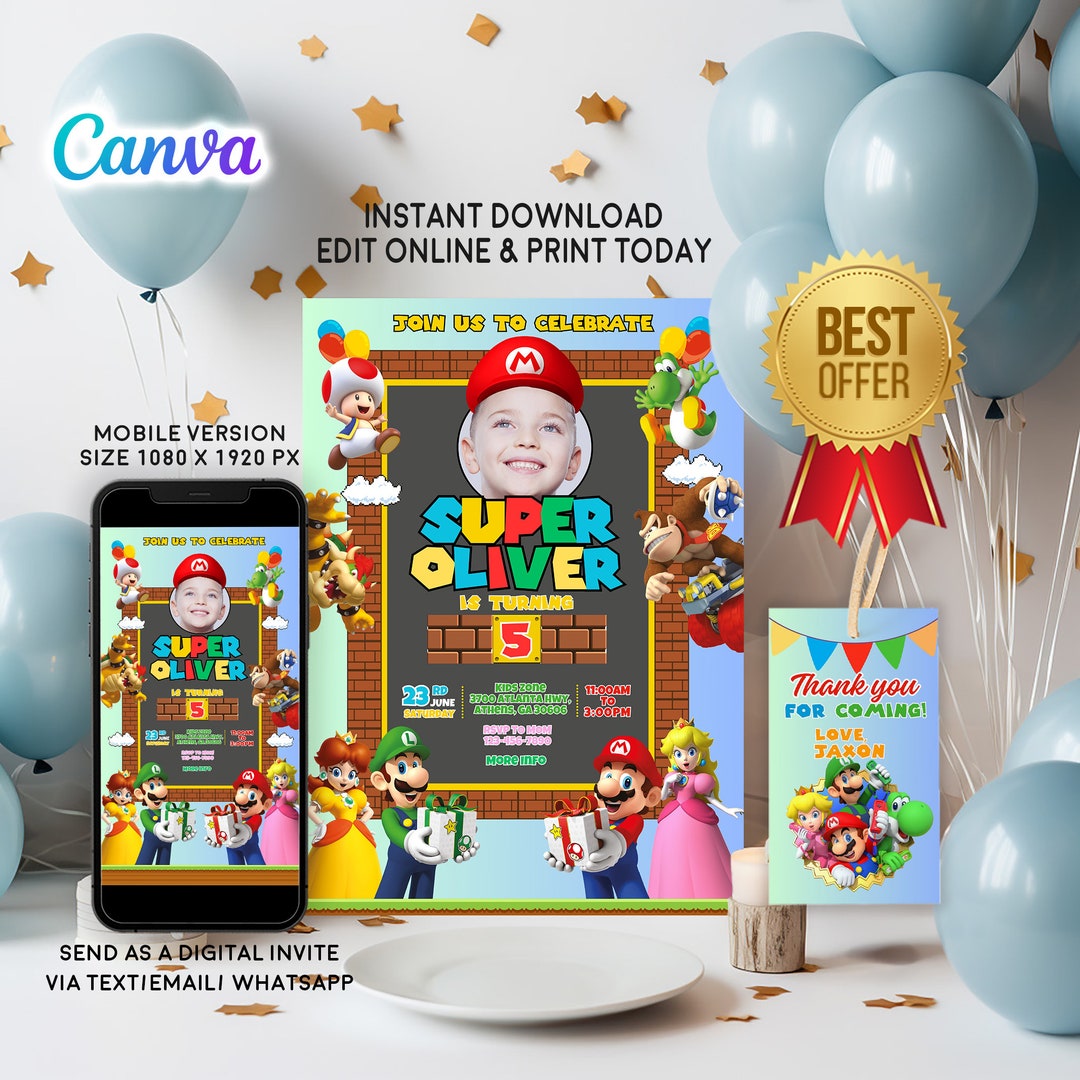 Invitación de cumpleaños de Super Mario: imprimible, etiqueta de ...