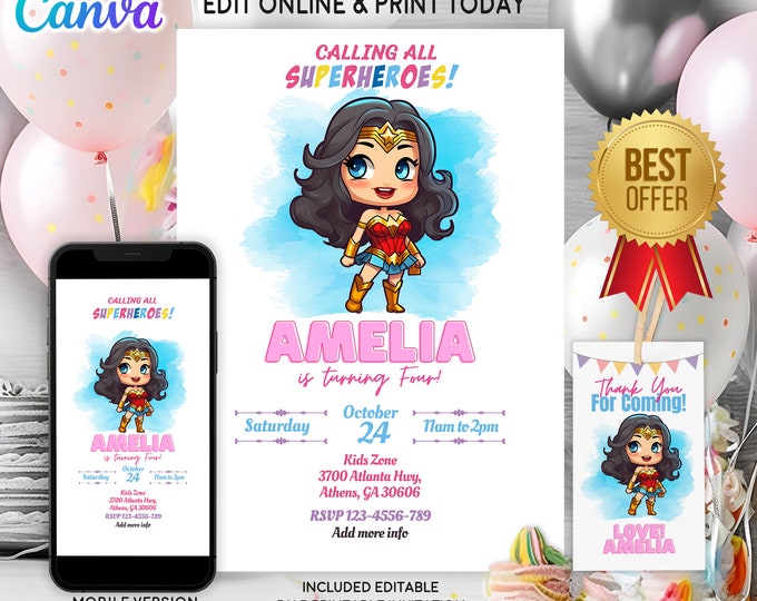 Girl Hero Birthday Invitation, Girl Hero Invitation , Girl Hero, Girl ...