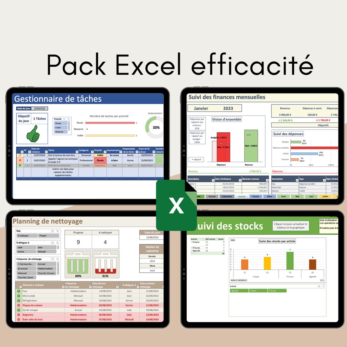 Excel Efficiency Pack Task Manager Monthly Budget Tracking Cleaning ...