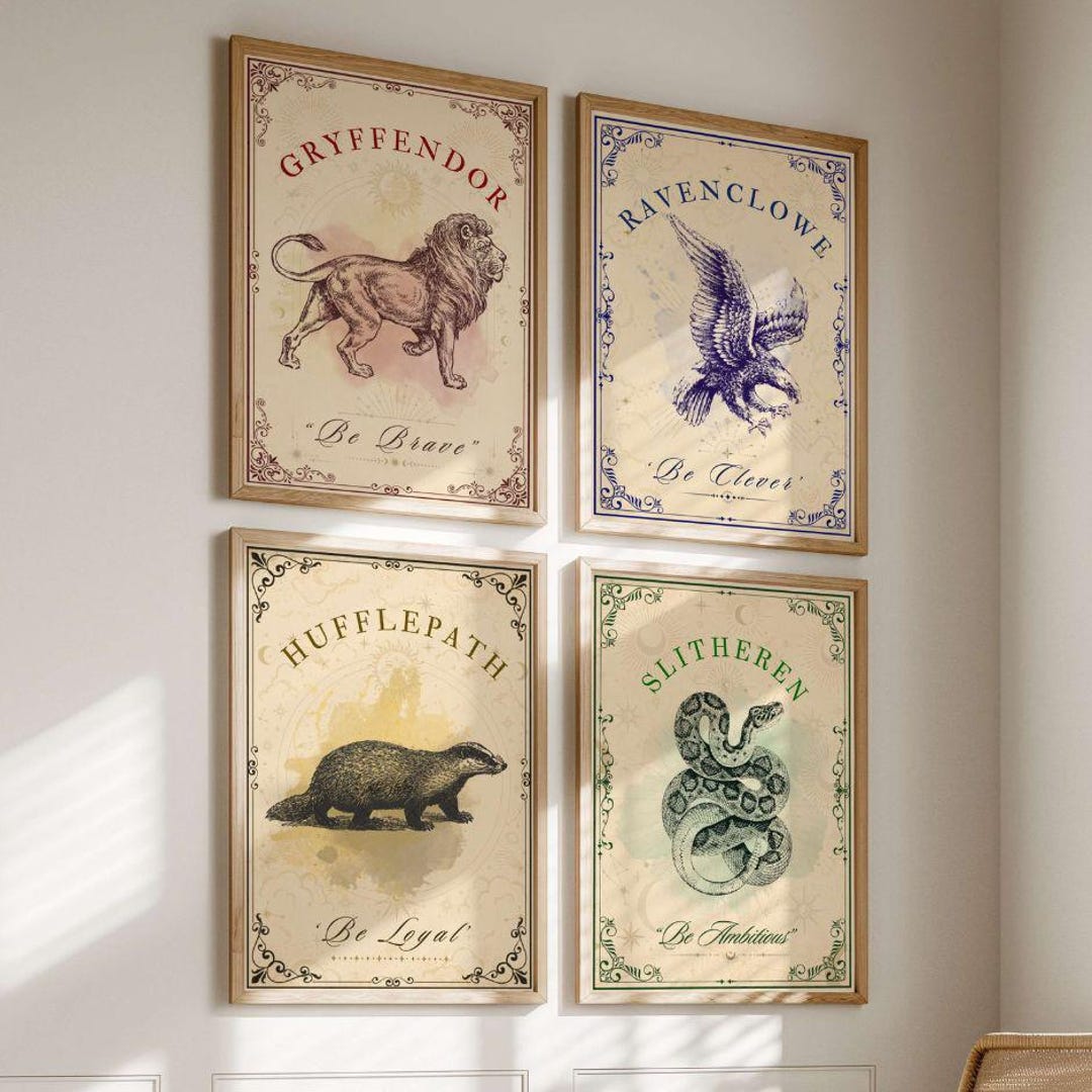 Set of 4 Wizard Academy House Prints: Magical School Wall Art, Fantasy ...