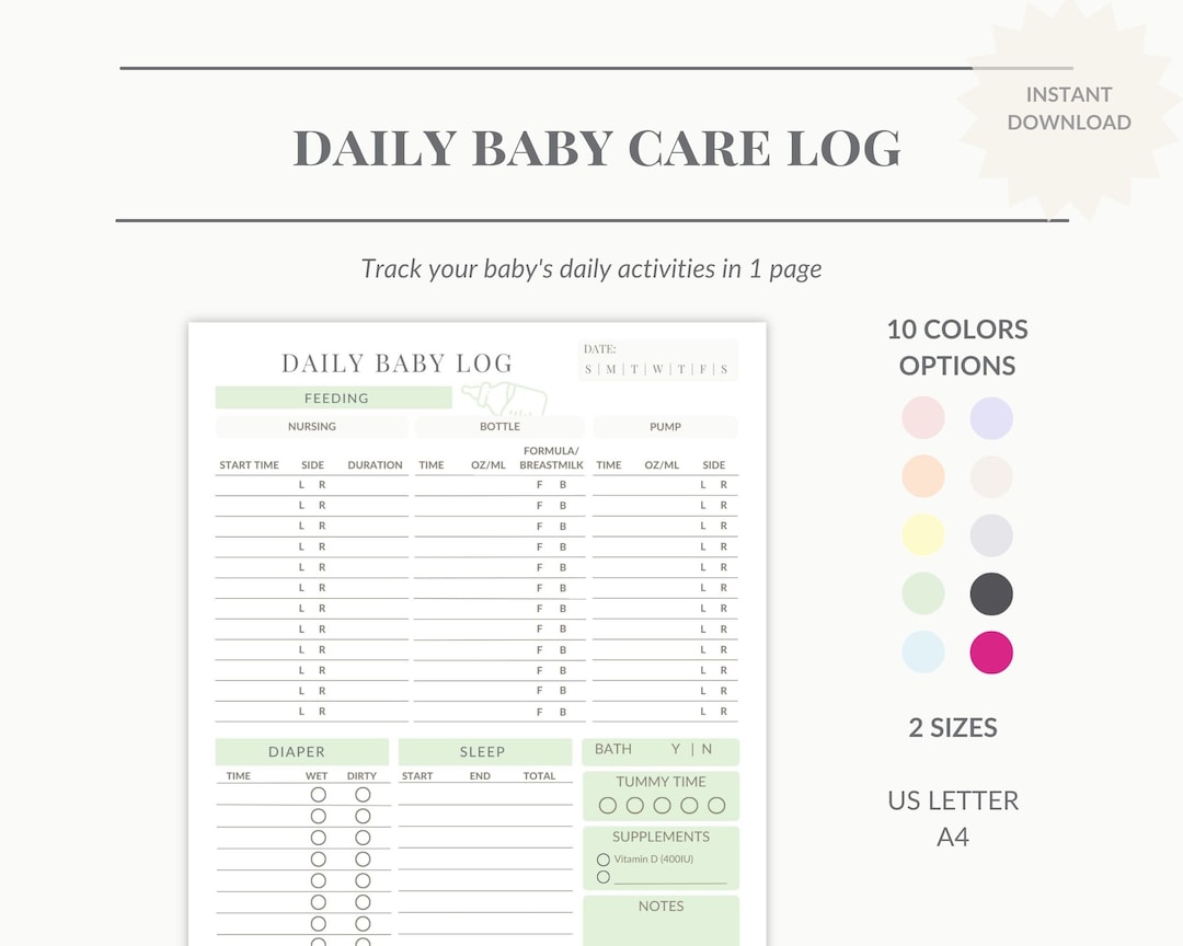 Printable Daily Baby Tracker - 10 Colors - US Letter & A4 Sizes ...